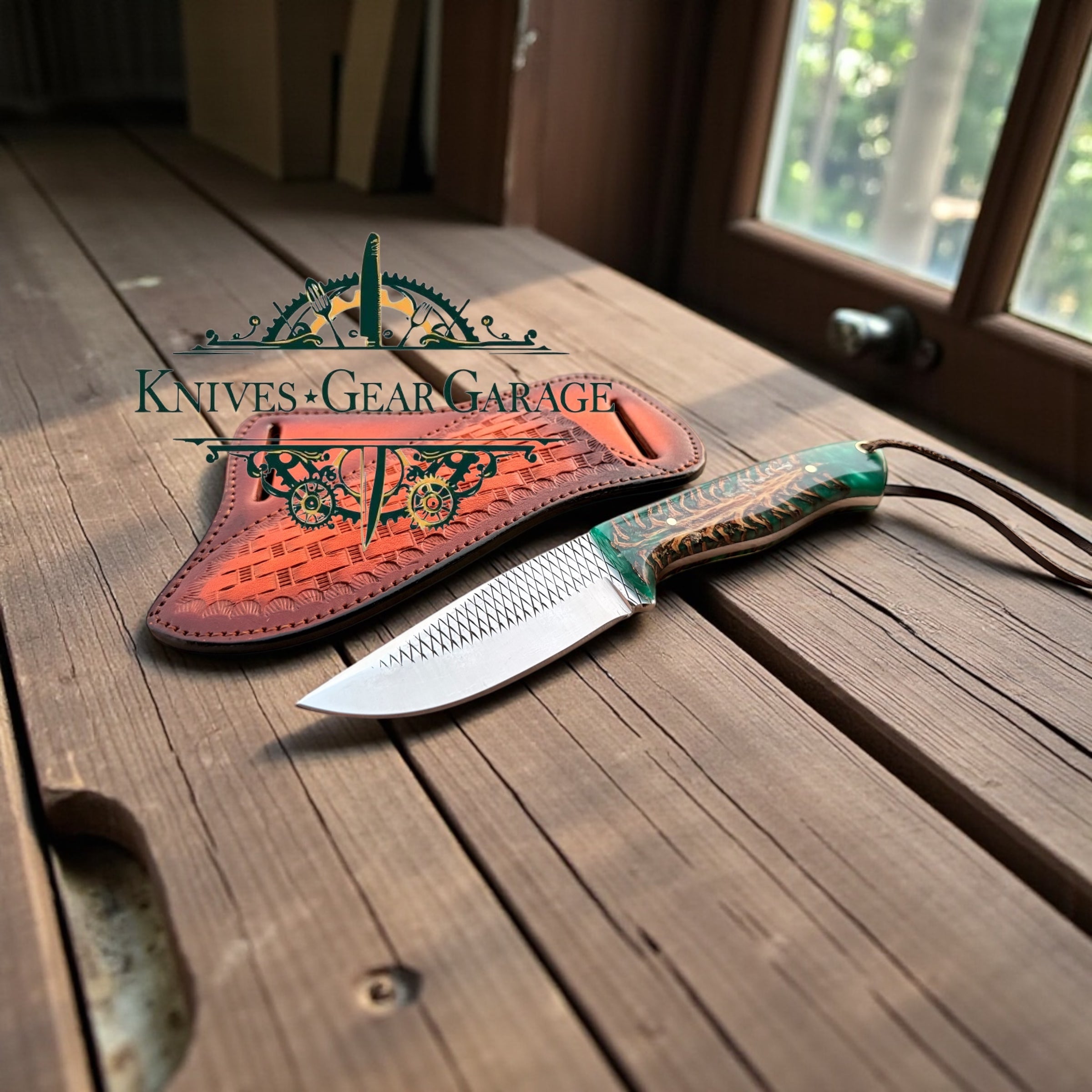 Western Knife and Sheath – 8" Handmade Rasp Steel Blade with Green Epo ...
