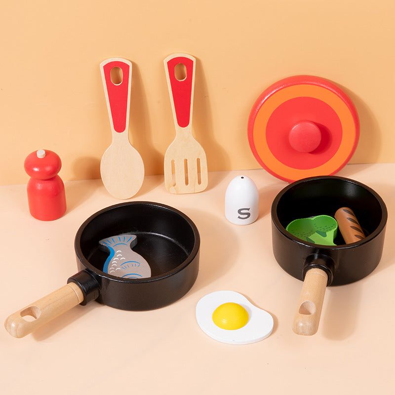 Children's wooden simulation home cooking pot set kitchen cooking with ...