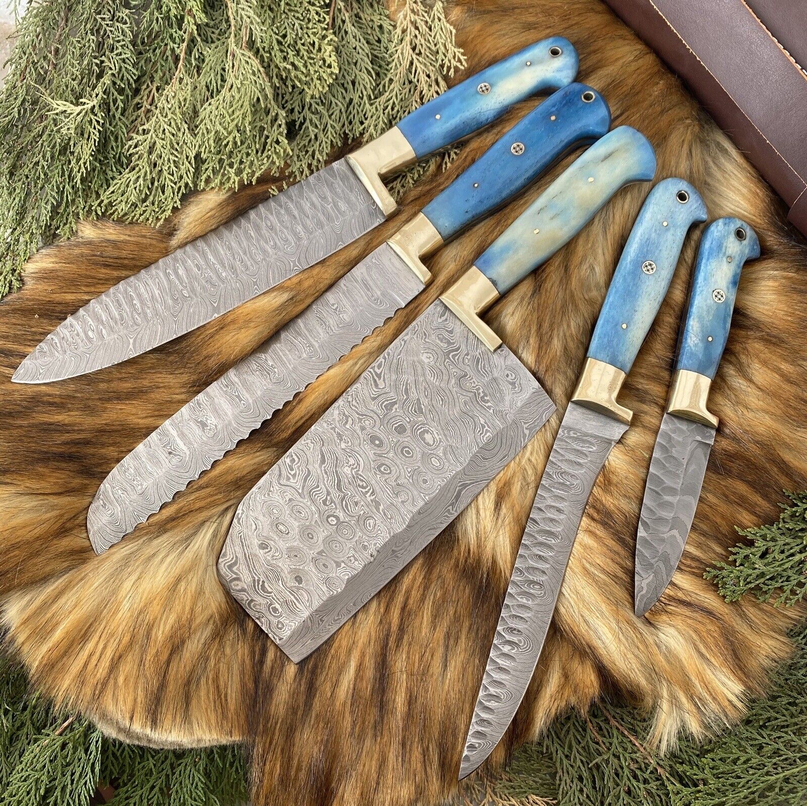 Custom Handmade Damascus Steel Kitchen Knives Set – Camel Bone & Brass ...