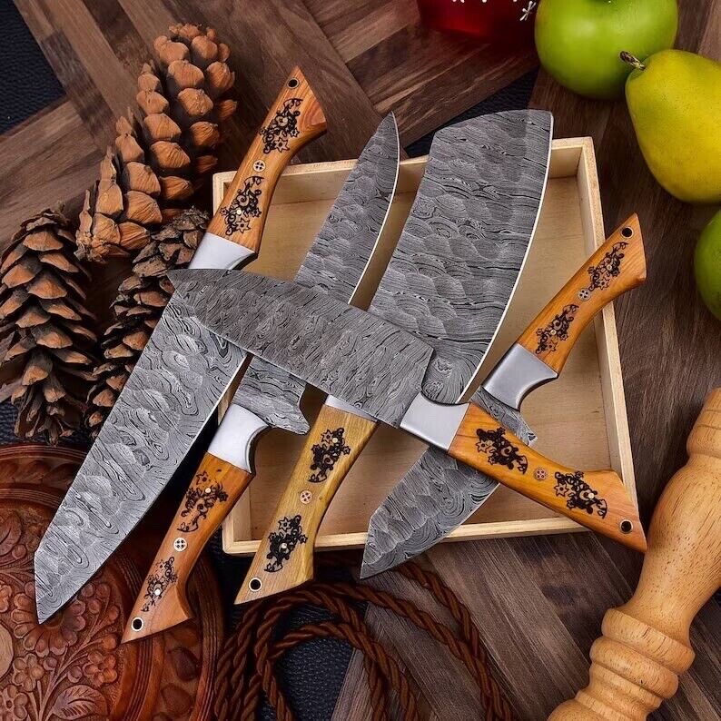 Custom Handmade Damascus Steel Knife Set with Engraved Rosewood Handle ...