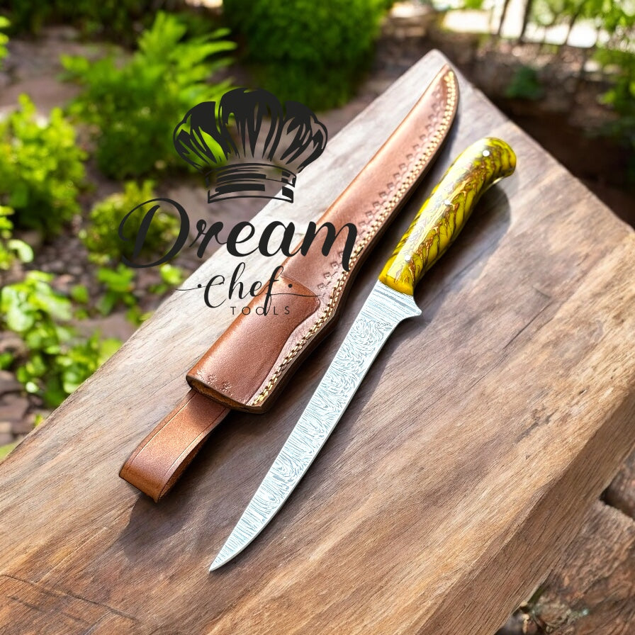Boning Knife – 13" Damascus Steel Blade with Yellow Cone Resin Handle ...