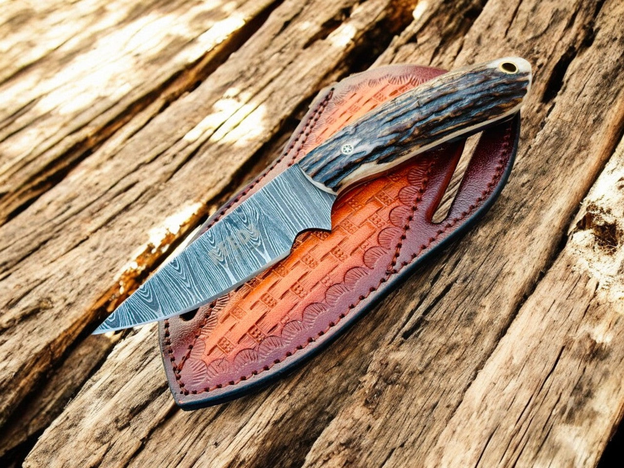 Belt Knife 3.5" Damascus Blade - Antler Handle & Sheath – Nona and Papa ...