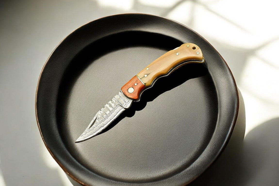 Handmade Damascus Pocket Knife with Bone Handle – 3" Blade – Nona and ...